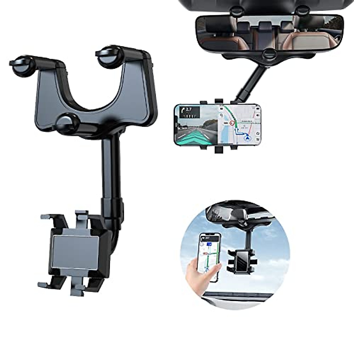 SNKINE 2022 New 360° Rotatable and Retractable Car Phone Holder, Multifunctional Universal Car Rearview Mirror Phone Holder GPS Navigation Mount for All Mobile Phones (Black)