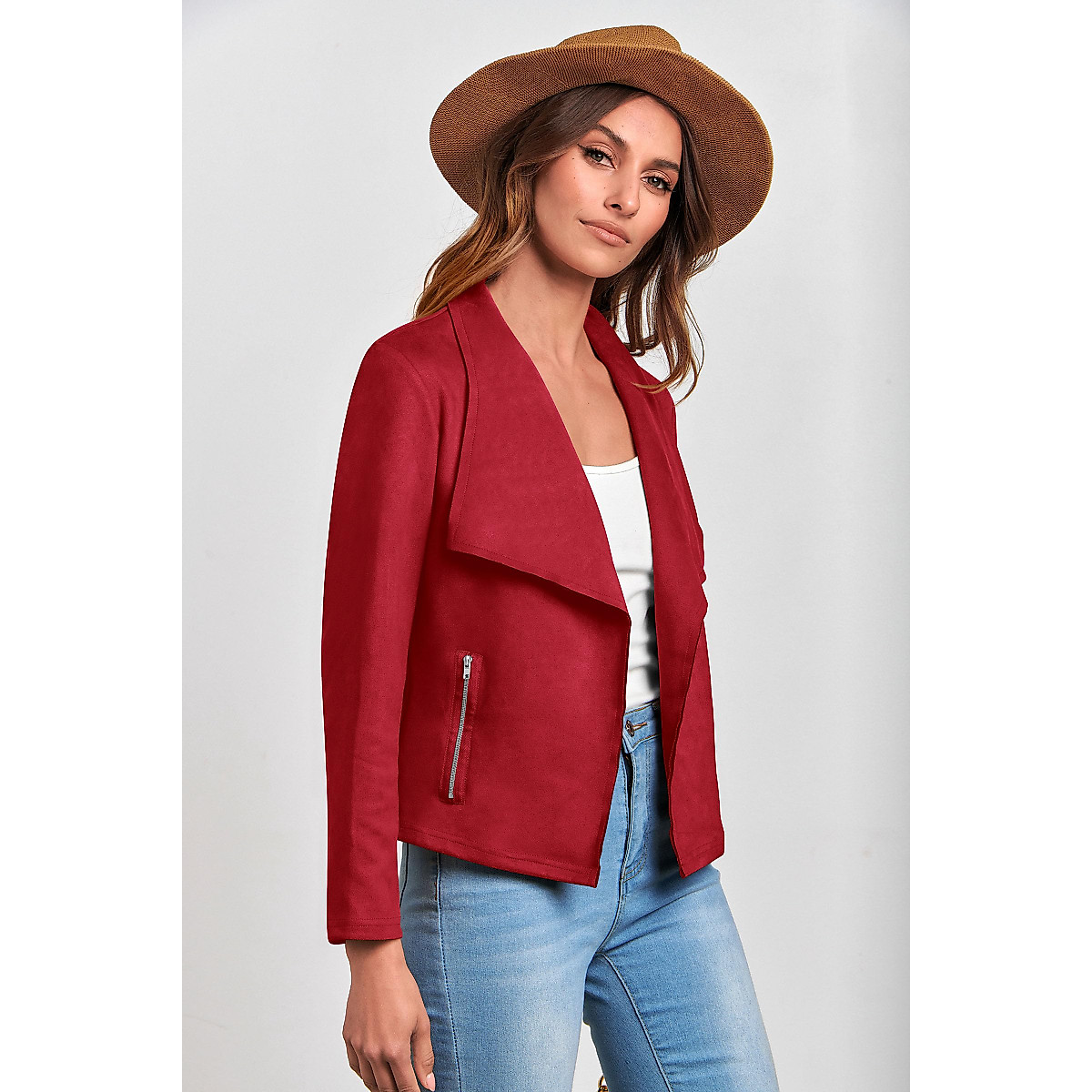 PRETTYGARDEN Women's Faux Suede Jackets 2025 Spring Fall Clothes Long Sleeve Open Front Cropped Coat Outwear (Red,Large)