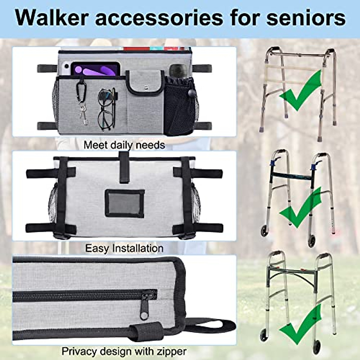 TYTCA Large Walker Bag Walker Basket Hand Free Storage Bag Folding Walker Attachment Handicap Basket Pouch for Large Capacity Organizer for Seniors Elderly (Grey)