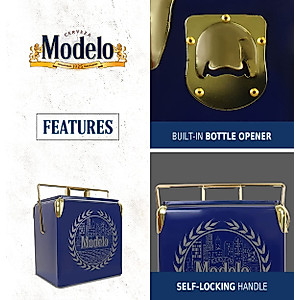 Modelo Retro Ice Chest Cooler with Bottle Opener 13L (14 qt), 18 Can Capacity, Blue and Gold, Vintage Style Ice Bucket for Camping, Beach, Picnic, RV, BBQs, Tailgating, Fishing