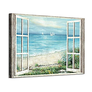 ARTISTIC PATH Window Picture Seascape Wall Art: Sailboat Beach Scene Artwork Painting on Canvas for Office (45" W x 30" H,Multi-Sized)