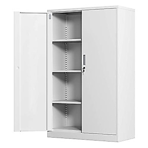 JINKUR Metal Storage Cabinet with Locking Doors and 3 Adjustable Shelves, 53.5-Inch Lockable Storage Cabinets for Home Office Garage Kitchen Pantry (White)