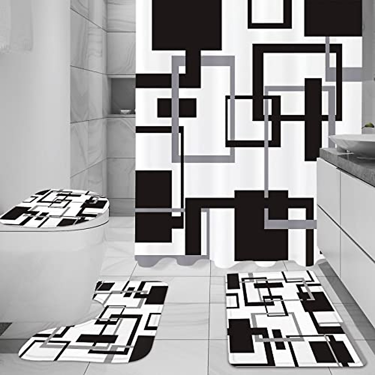 Gibelle 4 Pcs Bathroom Shower Curtain Set with Non-Slip Rugs, Toilet Lid Cover and Bath Mat, Grey Black and White Bathroom Decor Set with Shower Curtain and Rugs and Accessories
