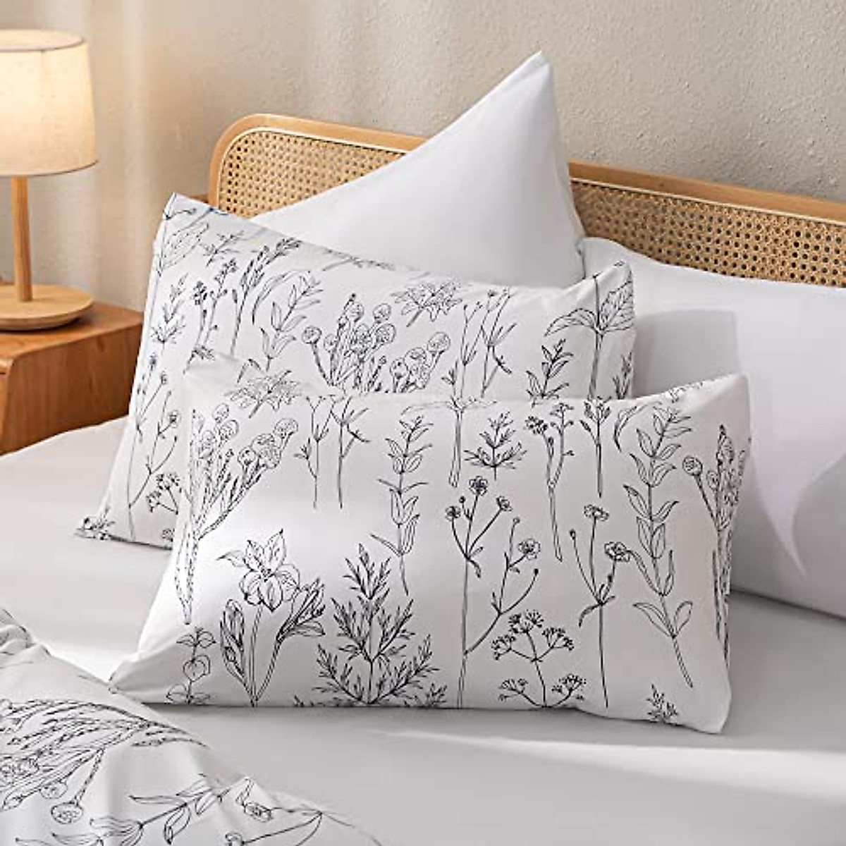 JANZAA 3pcs White Comforter Set, Soft Microfiber Bedding Plant Flowers Printed Comforter with 2 Pillow Cases for All Seasons(Queen)