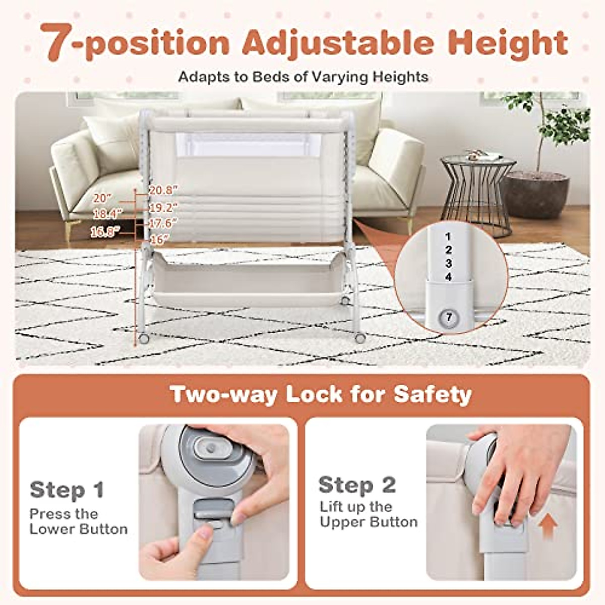 BABY JOY Baby Bassinet, 3-in-1 Rocking Bassinet w/Storage Basket, Double-Lock Design, 7 Adjustable Heights, Soft Mattress & Portable Travel Bag, Bassinet Bedside Sleeper for Newborns Infants (Beige)