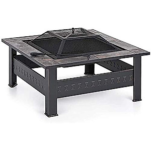 LEAYAN Garden Fire Pit Portable Grill Barbecue Rack Outdoor Fire Pit with BBQ Grill Shelf, Outdoor Metal Brazier Square Table Firepit Garden Patio Heater with Cover BBQ Cooking for Camping Backyard