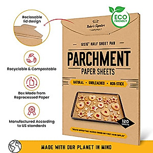 Parchment Paper Baking Sheets by Baker's Signature | Precut Non-Stick & Unbleached - Will Not Curl or Burn - Non-Toxic & Comes in Convenient Packaging - 12x16 Inch Pack of 120