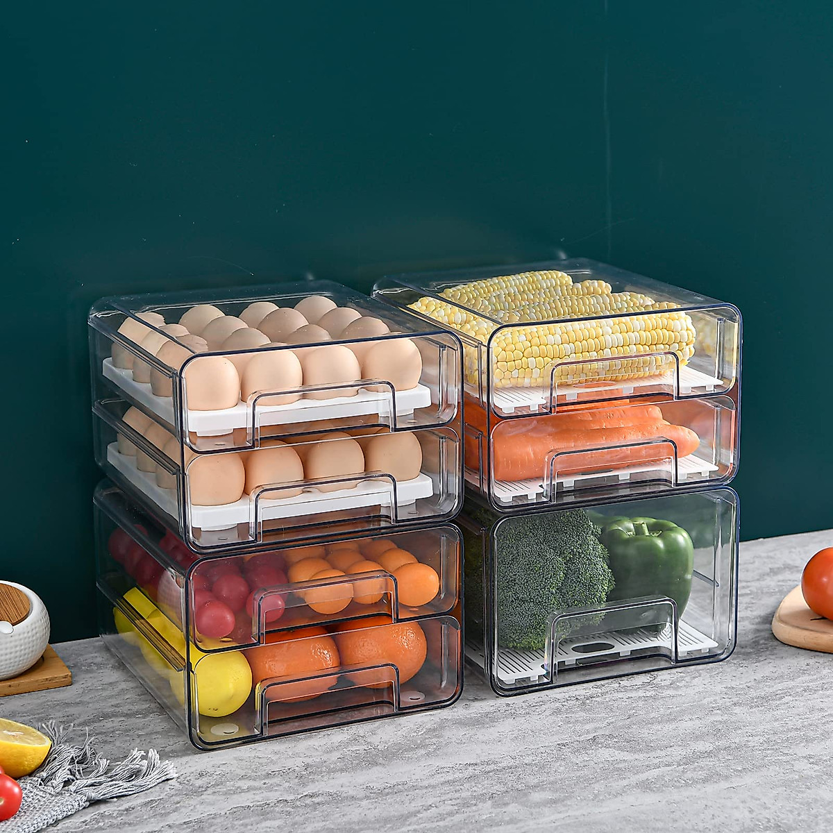 Qielie 2 PCS Stackable Food Container Fruite Drawer for Refrigerator Vegetable Storage Box