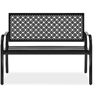 Best Choice Products Outdoor Bench 2-Person Metal Steel Benches Furniture for Garden, Patio, Porch, Entryway w/Geometric Backrest, 790lb Capacity – Black