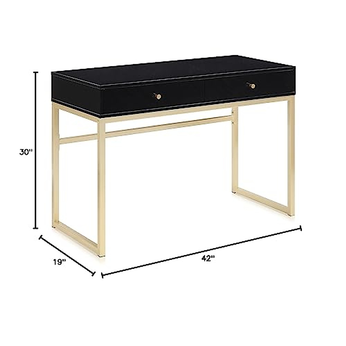 BELLEZE Modern 42 Inch Makeup Vanity Dressing Table or Home Office Computer Laptop Writing Desk with Two Storage Drawers, Wood Top, and Gold Metal Frame - Bronte (Black)