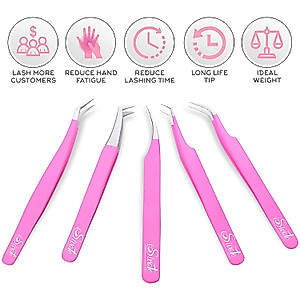 SIVOTE Eyelash Extension Tweezers for Classic & Volume Lashes, 5-Pack, Pink