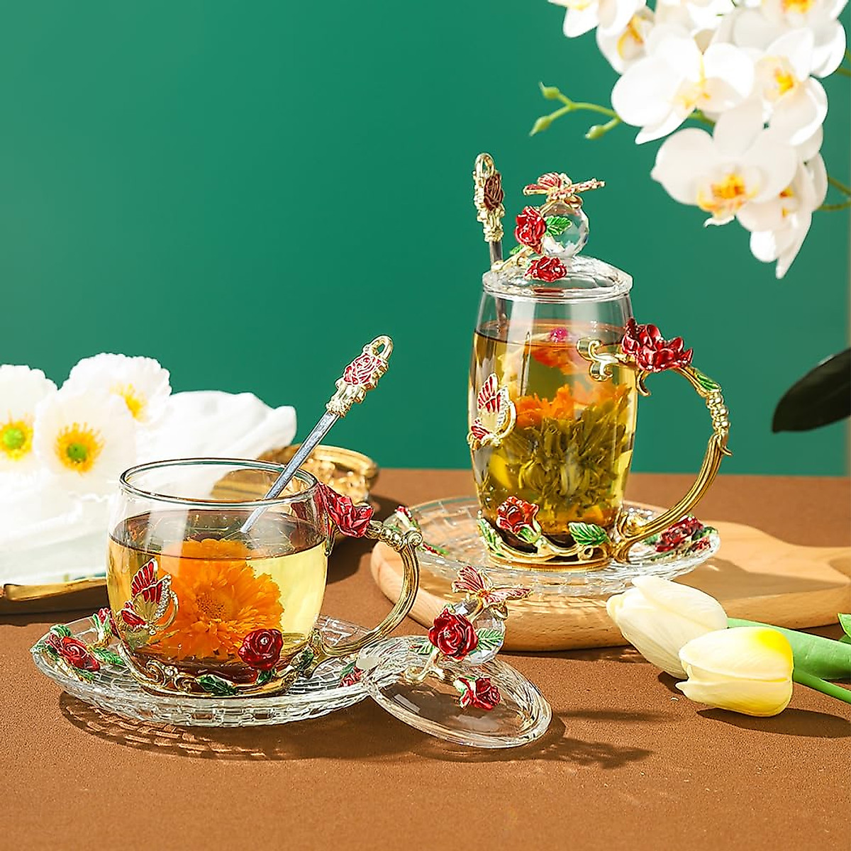 LANTREE Crystal Tea Cup Coffee Mug with Lid Saucer Spoon Birthday for Women Friends Female Grandma Mum Sister Home Decoration(Short Red)