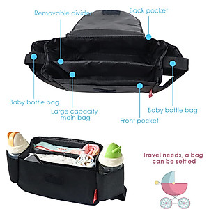 Stroller Organizer Bag, Universal Stroller Organizer, Stroller Storage Bag with Cup Holder, Stroller Caddy with Multiple Pockets for Bottle, Diaper, Toy, Black