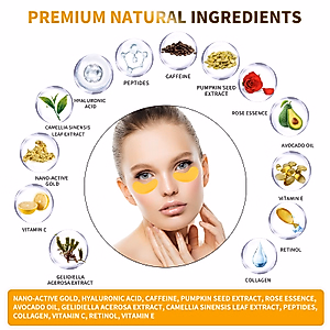 24K Gold Under Eye Patches for Puffy Eyes Treatment 18 Pairs w/Serum Vials, Under Eye Masks for Dark Circles and Puffiness, Eye Gel Pads w/Caffeine, Vitamins for Under Eye Bags Treatment