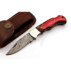 Skokie Knives Custom Hand Made Damascus Steel Hunting Folding Knife Handle Pakka Wood