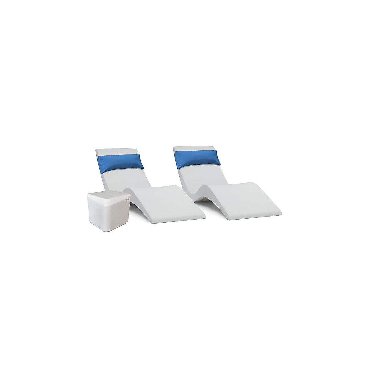 Aqua Outdoors in-Pool Chaise Set - Two Chaises - Two Headrest Pillows and One in Pool Side Table - for ledges up to 9" inches (White Granite-Blue)