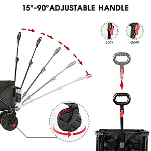 Portal Folding Collapsible Beach Wagon Utility Outdoor Camping Cart with 8" Big Wheels & Adjustable Handle, Large Capacity Foldable Grocery Wagon for Garden Beach Wagon, Black