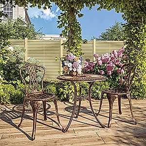 BELLEZE 3 Piece Cast Aluminum Bistro Set, Rust-Resistant Outdoor Patio Metal Bistro Sets Weather Resistant Table and 2 Chairs with Umbrella Hole for Balcony Backyard Garden - Bronze