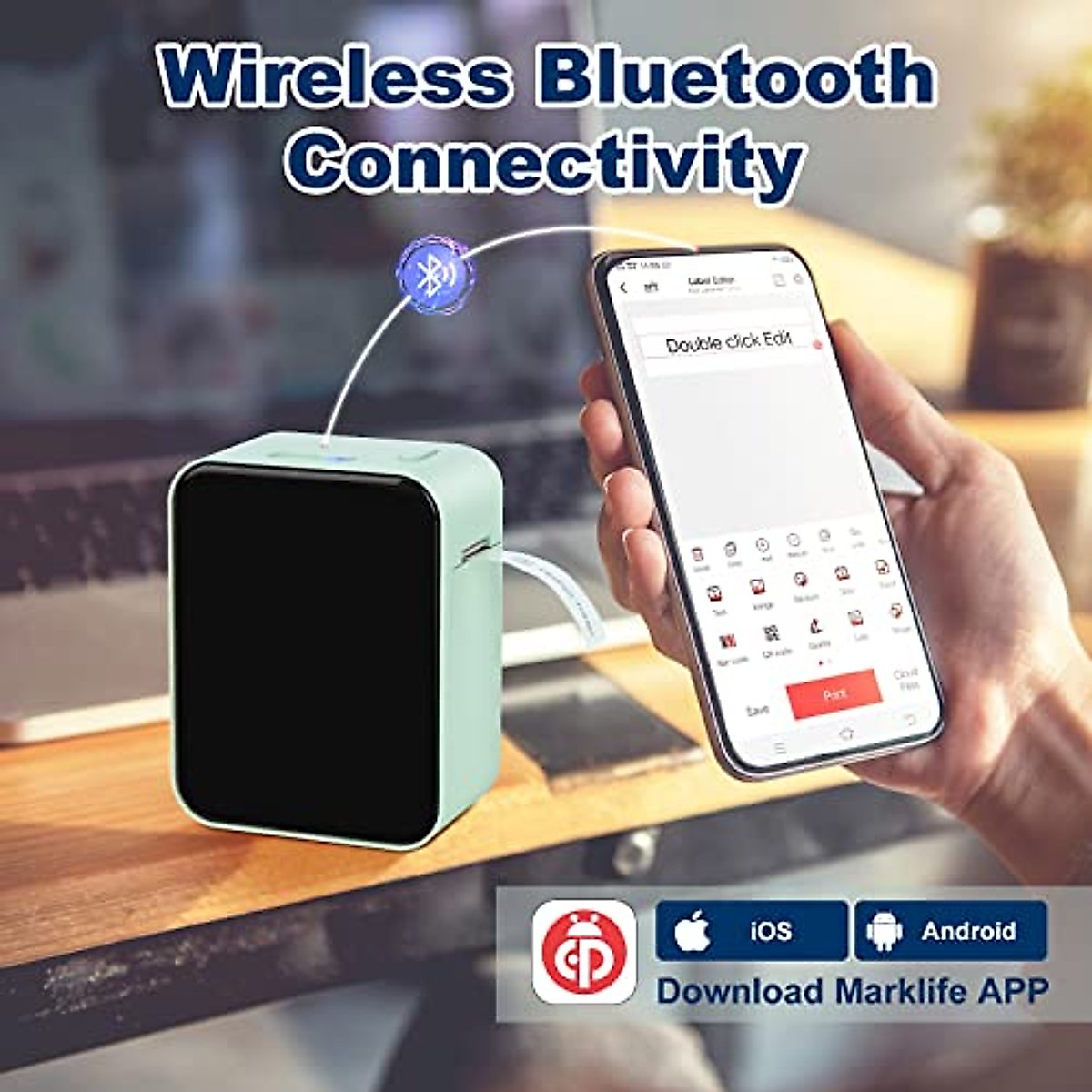 MAOZUA Label Maker Machine with Tape, Portable Bluetooth Thermal Label Printer for Office Home Kitchen Organization, Compatible with iOS, Android