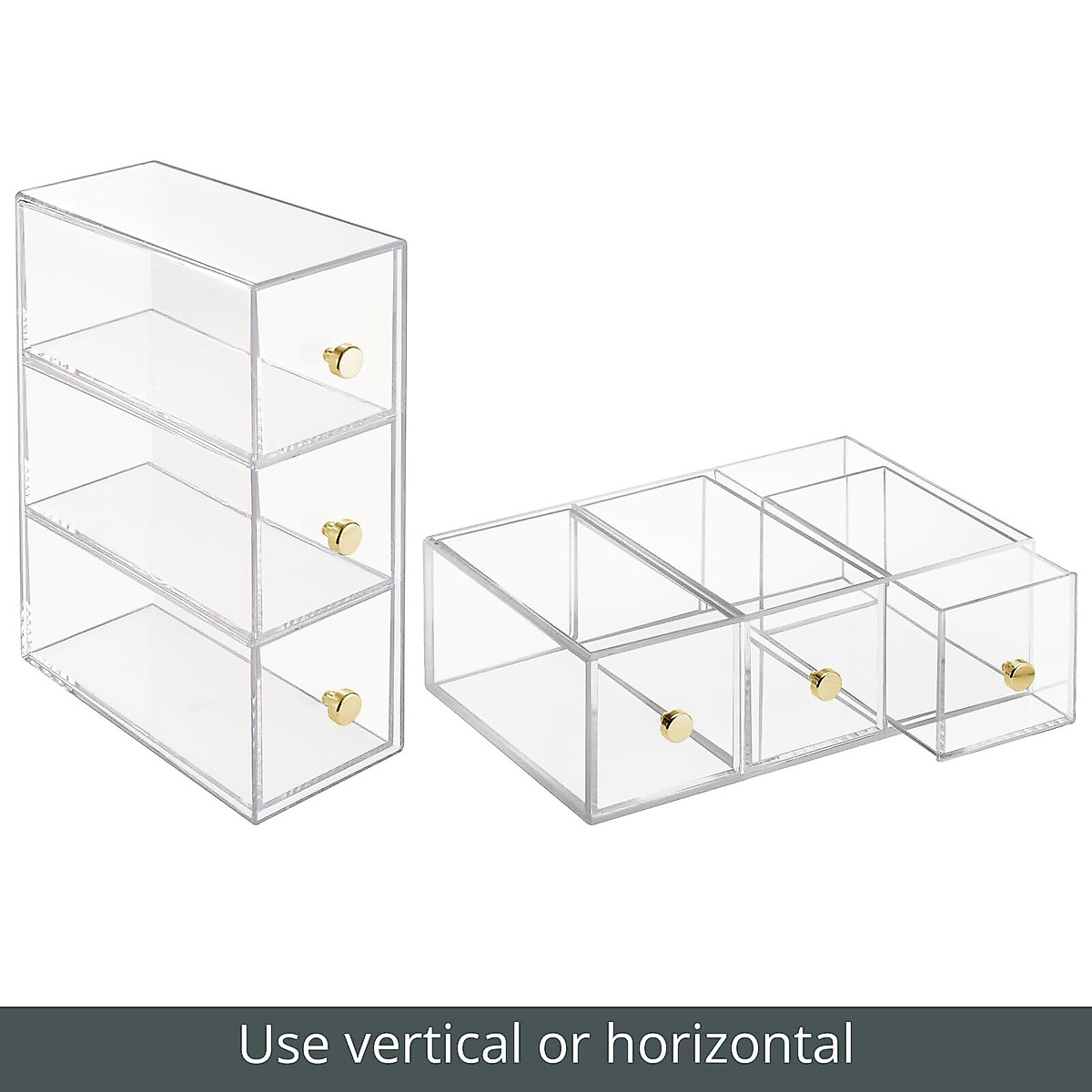 mDesign Plastic Kitchen Pantry Stackable Storage Organizer Container Station with 3 Drawers for Cabinet, Countertop, Holds Coffee, Tea, Sugar Packets, Creamers, Drink Pods, Packets - Clear/Soft Brass