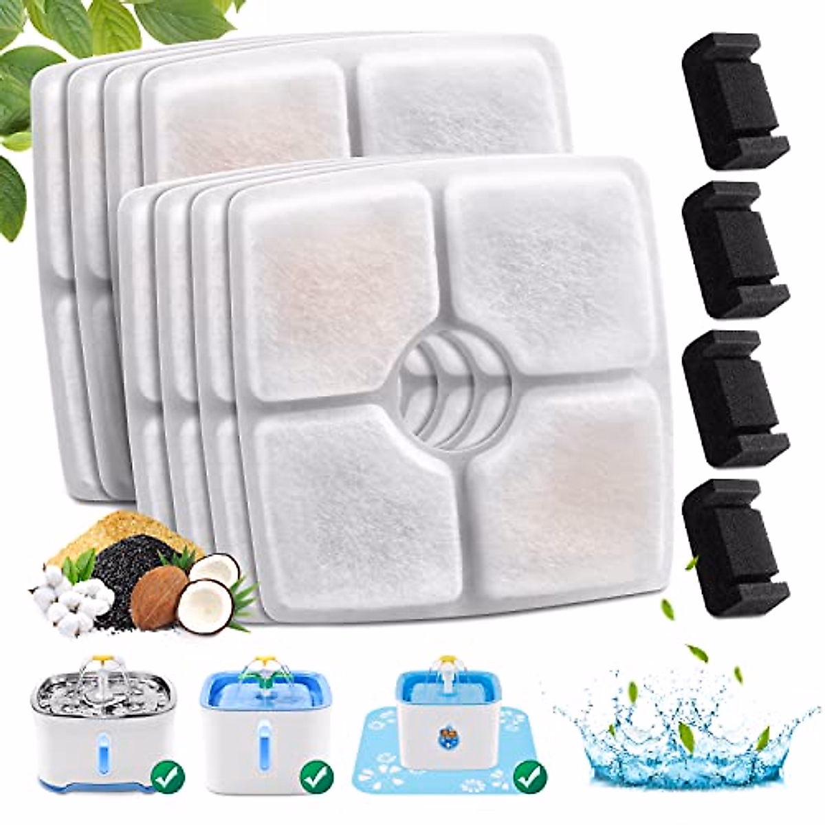 Cat Water Fountain Filters, 8-Pack Cat Fountain Filter Replacement & 4-Pack Pre-Filter Sponges for Square 84oz/2.5L Automatic Pet Fountain, Triple Filtration System Activated Carbon Replacement Filter