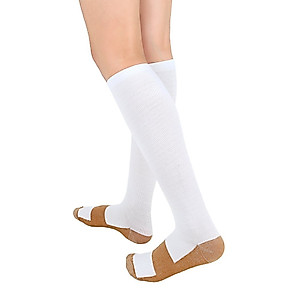 CompressionXSportz Compression Copper Socks For Men and Women 15-20mmhg Over The Calf Below Knee High for Sports, Medical, Nurses, Athletes, Travel, Pregnancy, etc (Copper/White, 1 Pr, Sm/Med)