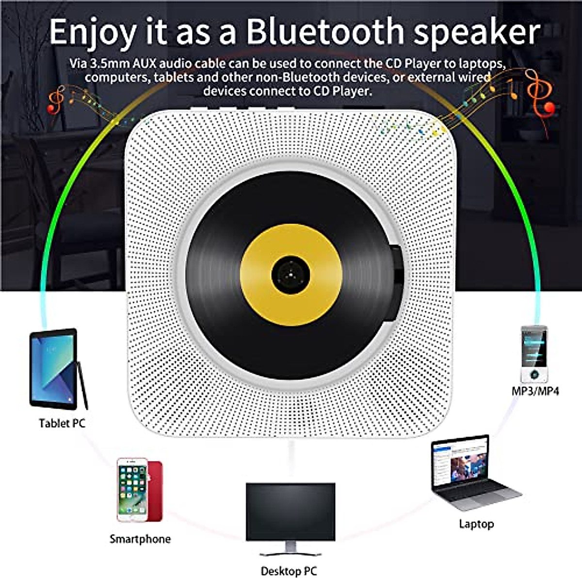 Wall Mountable CD Player with Bluetooth: Portable CD Music Player with Remote Control HiFi Sound Speaker FM Radio Support AUX/USB, Headphone Jack for Home, Kids, Kpop, Gift