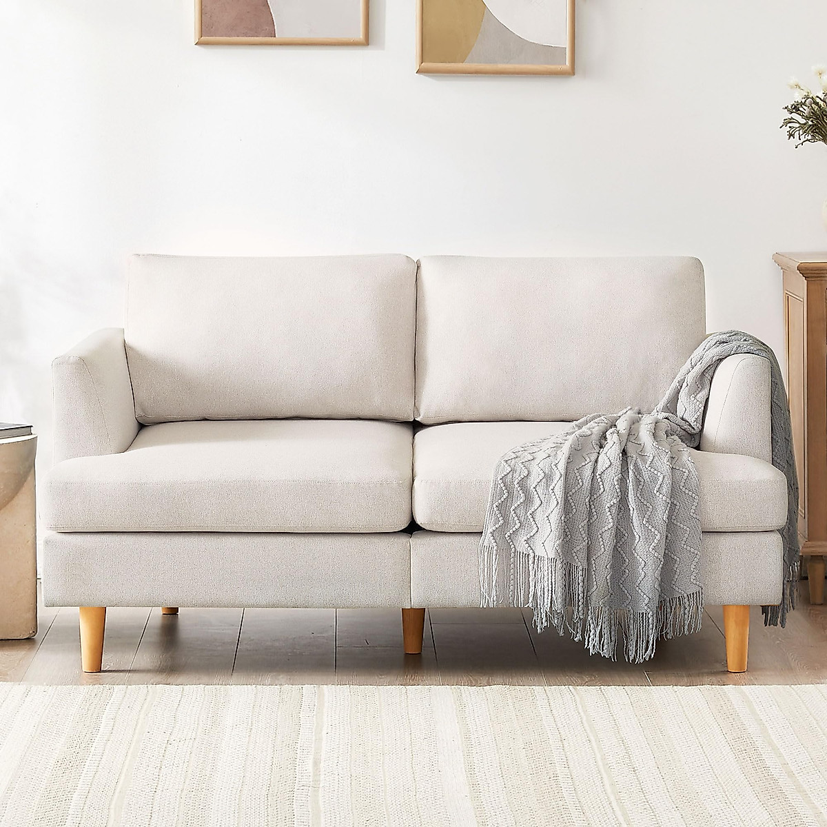 BFD Small Loveseat Sofa Couch, 65" Mid Century Modern Love Seat Couches for Living Room, Extra Deep 2-Seat Small Sofa Furniture for Small Spaces Apartment, Dorm, Office, Beige