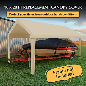 GOTRUTH 10x20 Canopy Replacement Cover, Carport Replacement Canopy Top Cover for 10' x 20' Frame, 800D Heavy Duty Waterproof & UV Protected Car Canopy with Ball Bungees (Frame is not Included) (Beige)