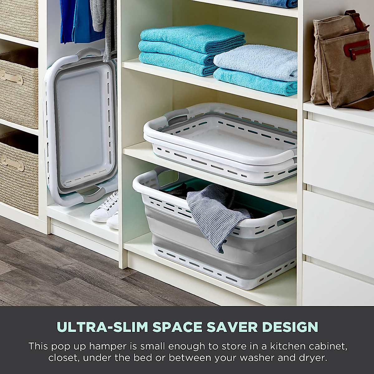 BLACK+DECKER 1 Large 25" Slim Collapsible Laundry Basket - Portable & Space-Saving Basket with Dual Comfort Grip Handles - Ideal for Laundry, Towels, Blankets & More in Small Spaces & Travel, Grey