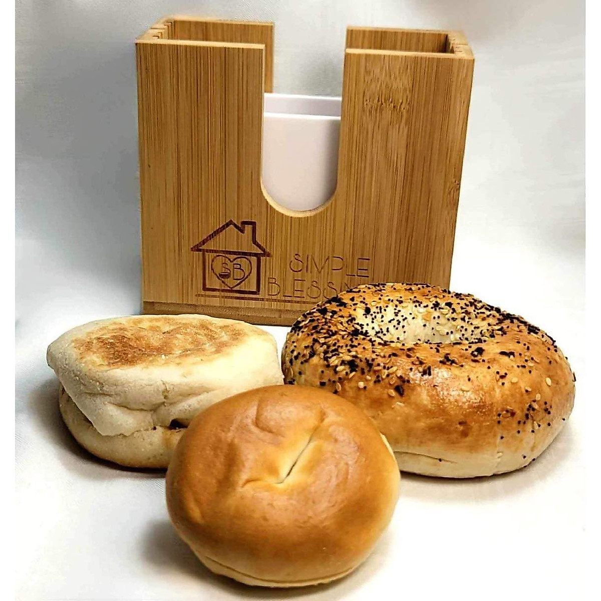 Bagel Slicer for Small and Large Bagels - Bamboo Bread Slicer w/Two Plastic Inserts & Non-Slip Silicone Pad - Adjustable Bagel Cutter Slicer - Moisture Resistant & Thick Base Bagel Holder for Slicing