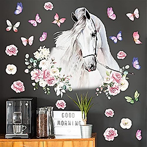 White Horses Wall Decals Farm Animal Decals Peel and Stick Wild Horse Wall Decor Butterfly Flowers Wall Stickers Horses Wall Art Mural for Living Room Kids Bedroom Nursery Farmhouse Office Decor Gift