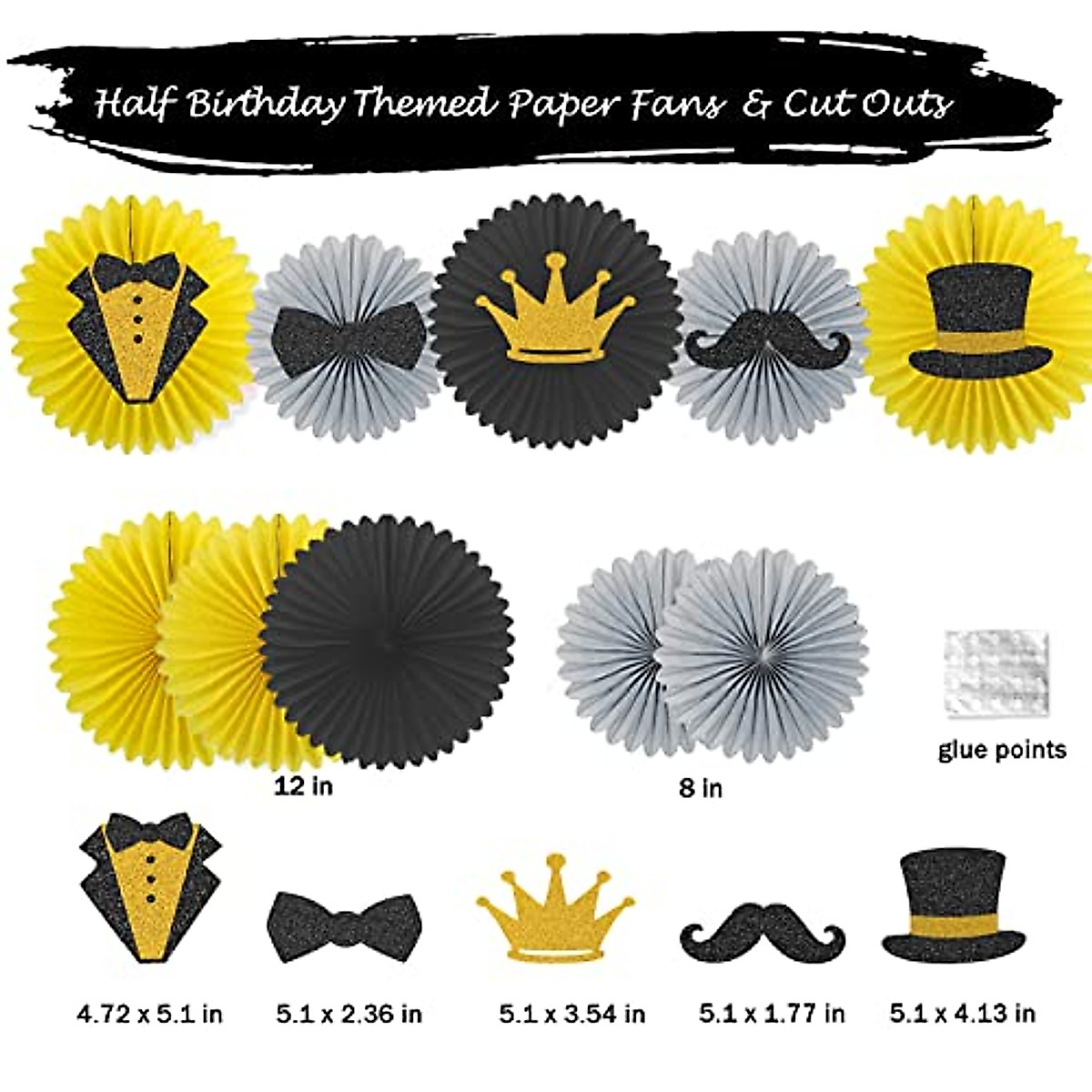 Half Birthday Decorations Baby Boy, Hombae 1/2 Birthday Boy Decorations Supplies, 6 Months Birthday Decorations Boy, Black Gold Glitter Half Birthday Banner with Triangle Flag Banner, 1/2 Birthday Hat Crown with Black Bow Tie, Halfway to One Cake Topper,