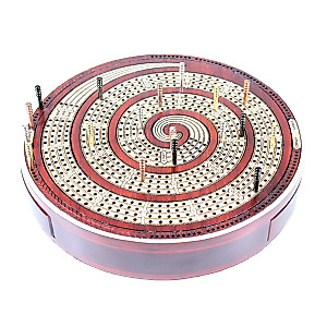 House of Cribbage - Cribbage Board Spiral Design Round Shape 4 Tracks Bloodwood/Maple with Place for Skunks, Corners & Won Games