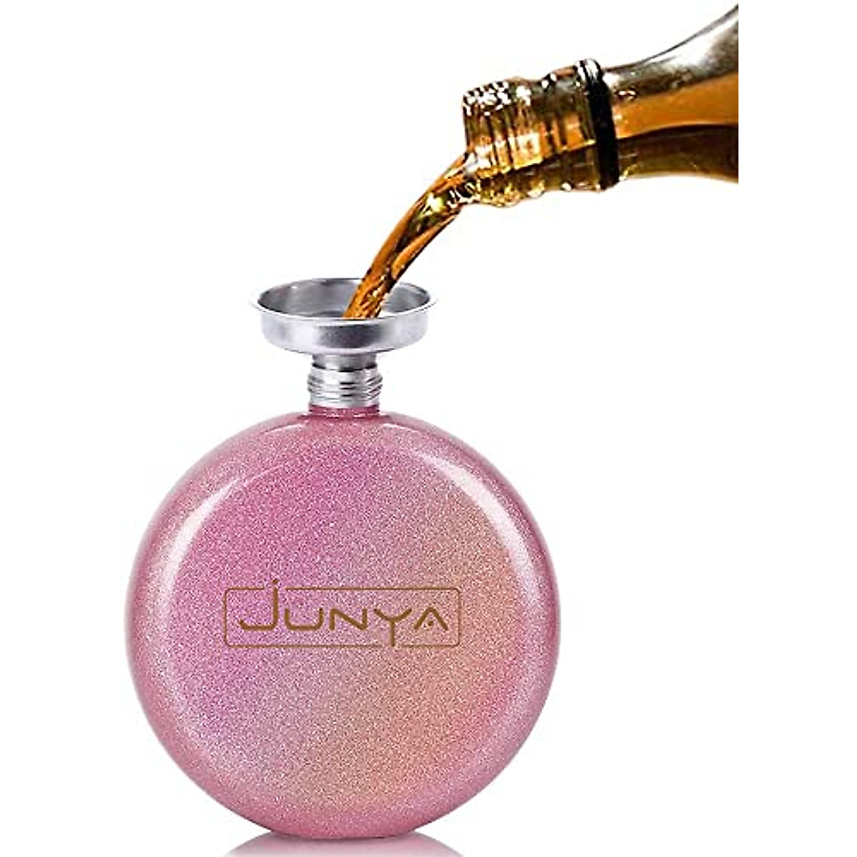 Cute Liquor Flask for Women, Junya 304 Stainless Steel,Pretty Glitter Coating Whiskey Flasks,Shining Rhinestone Cap,Portable Wine Flask for Drink Bar BBQS and Traveling,Capacity 5 oz (Pink)