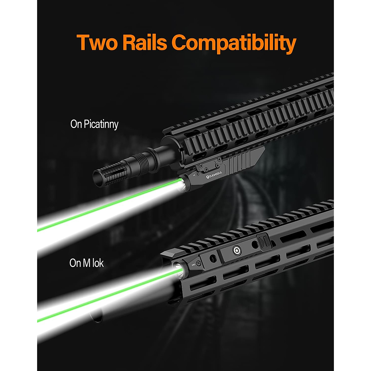 TOUGHSOUL Tactical Flashlight Green Red Laser Sight Combo, 1450 Lumen Picatinny Rail MLOK Mounted Rechargeable Rifle Flashlight (Green Laser)