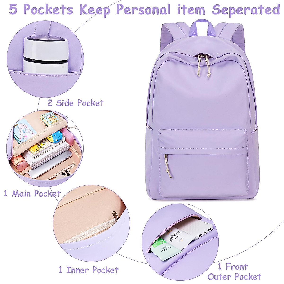 Bluboon School Backpack Set Girls Womens Laptop Bookbag Casual Daypack Fits 15 inch Laptop with Lunch Tote Bag and Pencil Bag(Purple-3 set)