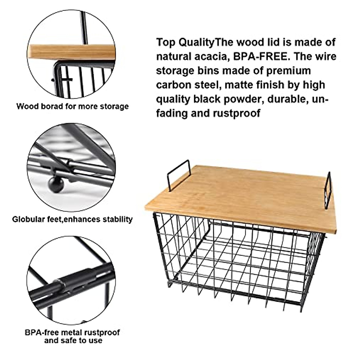 Stackable Wire Storage Baskets, TOBEFORT Fruit Basket for Kitchen Large Metal Bin for Cabinet Pantry Organization and Storage, Nesting Rectangular Basket with Wood Lid, Black