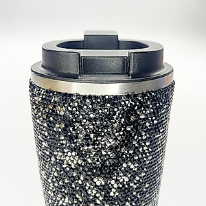 Cupcupmore 12 oz Bling Black Rhinestone Stainless Steel Coffee Tumbler,Shiny Travel Insulated Coffee Mug with Lid, Reusable Spill Proof Coffee Cup,Portable Thermal Mug for Hot and Cold