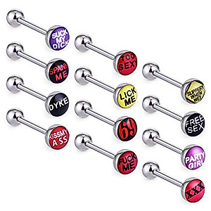 COTTVOTT Novelty Letter Stainless Steel Tongue Rings Body Piercing Jewelry Barbells(12pcs mix)