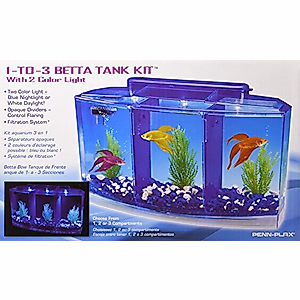 PENN-PLAX Deluxe Triple Betta Bow Tank Kit – Safely Divided Compartments – White and Blue LED Display Lights – Includes Under Gravel Filter & Plastic Plants – 0.7 Gallon in Blue