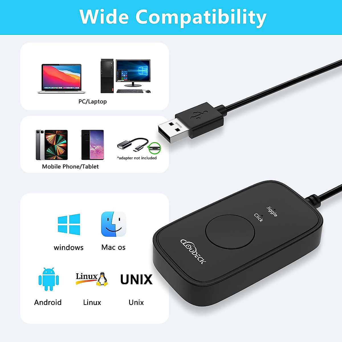 Cloudeck Mouse Jiggler Undetectable for Computer, USB Mouse Mover, Gaming Automatic Continuous and Assistive Click Device, Plug & Play, Simulate Mouse Pointer Movement to Prevent PC Going Sleep