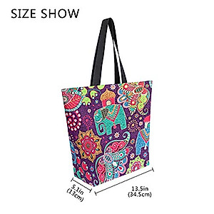 ALAZA Large Canvas Tote Bag Cute Indian Floral Elephant Shopping Shoulder Handbag with Small Zippered Pocket