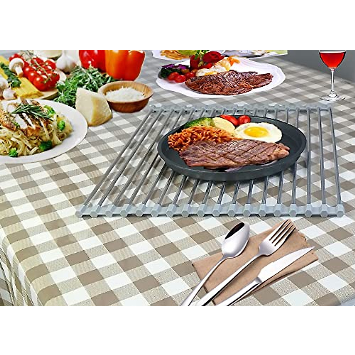 HRAYLTOP Roll Up Dish Drying Rack with Pot Lid Organizer,Plate Holder Rack Over The Sink,Kitchen Foldable Multipurpose Heat Resistant Dish Drainer Rack for Fruits Vegetable and Meat 16.9" x 14.2"