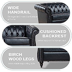 Vaztrlus Chesterfield Sofas for Living Room, Rolled Arm 3-Seater Leather 84" Large Couch Deep Button Nailhead Tufted Black Upholstered Couches for Bedroom, Office Apartment Easy to Assemble