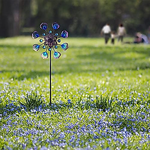 QMCAHCE Peacock Tail Plugin Wind Spinner Windmill 360 Swivel Outdoor Garden Metal Wind Spinner Yard Decor for Patio/Lawn/Garden Windmill Decoration (Blue)