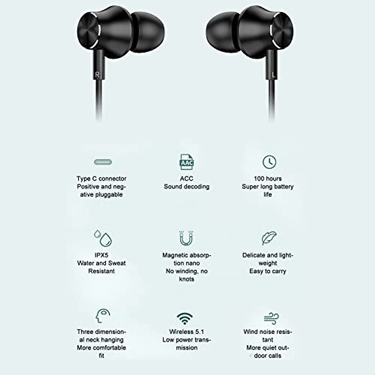 Yunseity Bluetooth Neckband Headphones, Wireless Stereo Noise Cancelling Earphones with 100 Hours Battery Life, Magnetic Lightweight Sports Headset Voice Assistant, for Running Workout