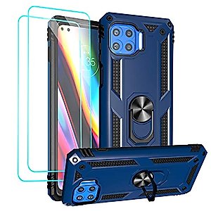 Androgate Compatible with Moto One 5G Case, Motorola One 5G UW Case, with Tempered Glass Screen Protectors, Military-Grade Metal Ring Kickstand 18ft Drop Tested Shockproof Cover Case, Blue