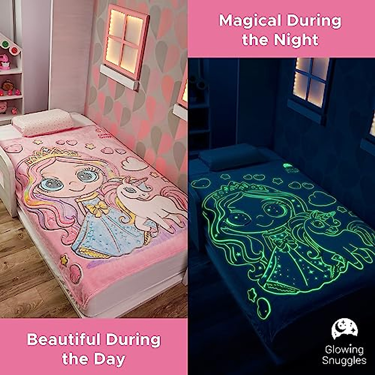 GLOWING SNUGGLES Princess Unicorn Glow in The Dark Blanket for Girls - Unicorn Princess Birthday Halloween Thanksgiving for Girls; Unicorn Princess Toys; Cute Soft Room Decor