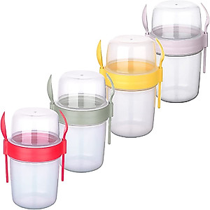 GanoOne On the Go Cups, Take and Go Cup with Topping Cereal or Oatmeal Container, Portable Lux Cereal To-Go Container with Top Lid Granola & Fruit Compartment (Mixed Color - 4 Pieces)
